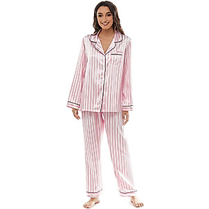 Escalier Womens 5pcs Silk Satin Pajama Set Cami Pjs Sleepwear Button Down Pj Sets Loungewear Pink