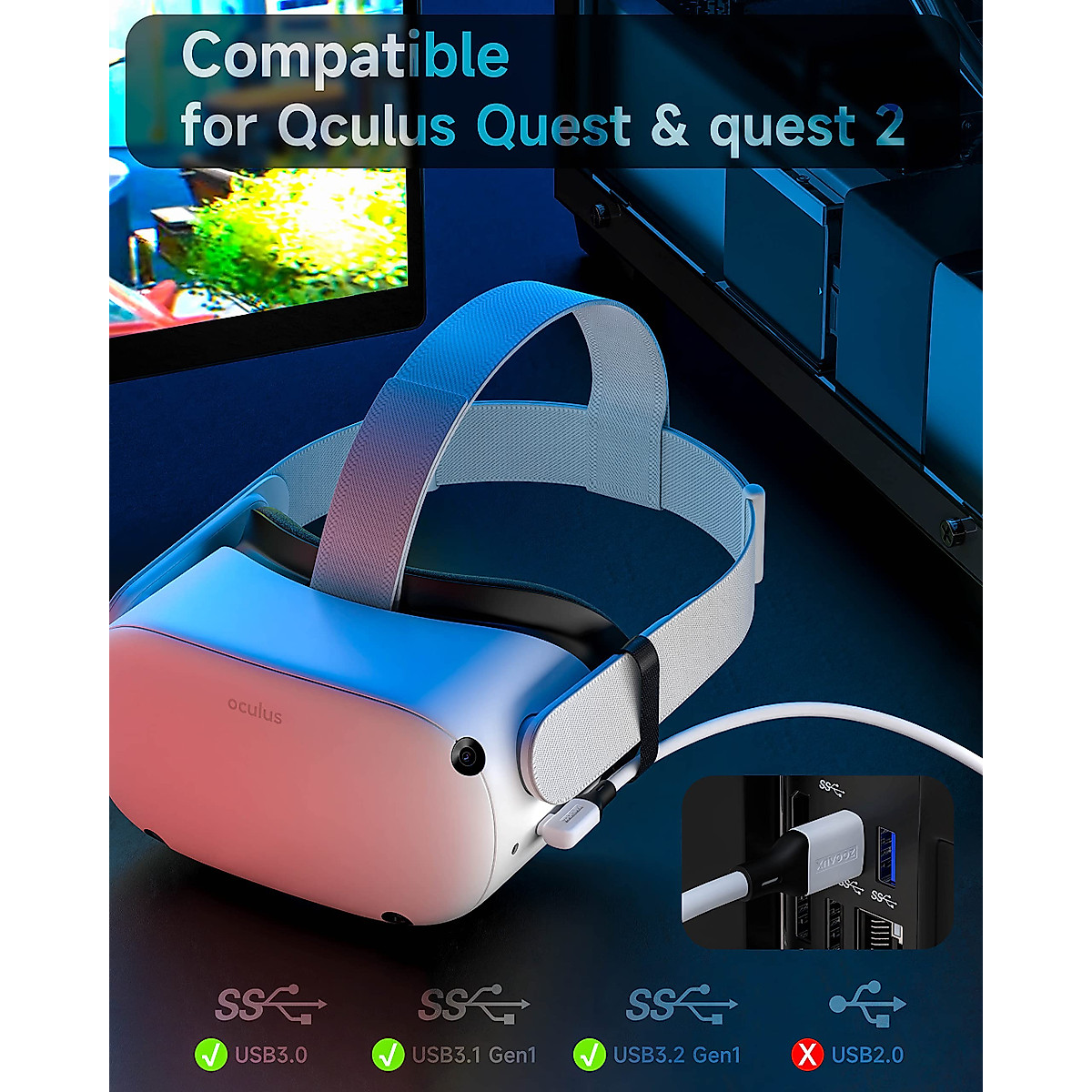 ZOOAUX Link Cable 16 FT Compatible with Meta/Oculus Quest 2 Accessories and PC/Steam VR, Fast Charing & PC Data Transfer USB C 3.2 Gen1 Cable for VR Headset and Gaming PC