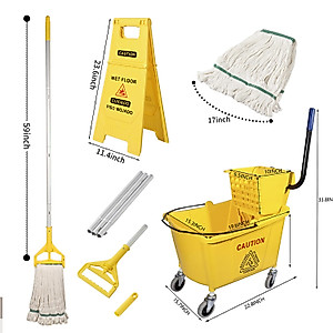 Midoneat Side Press Wringer Combo Commercial Mop Bucket on Wheels, 35 Quart,Yellow, Including Wet Floor Caution Sign（24Inch） and One Industrail Mop