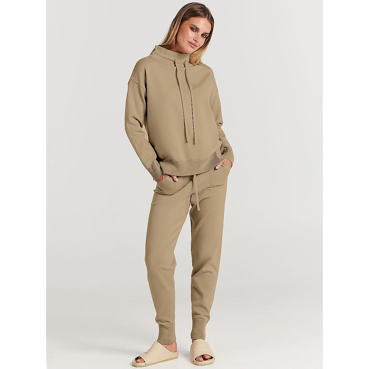 ANRABESS Women Two Piece Outfits Turtleneck Pullover Top Cozy Knit Sweater Pants Lounge Set 2024 Fall Sweatsuit Sweatsuits Khaki Medium