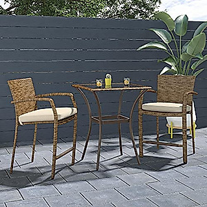 Cosco Outdoor 3 Piece High Top Bistro Lakewood Ranch Steel Woven Wicker Patio Balcony Furniture Set with Cushions, Brown