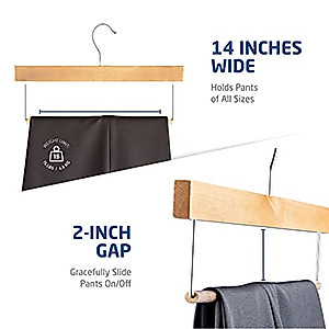 High-Grade Wooden Slack/Trouser Pants Hangers with Non Slip Bar (10 Pack) Smooth Finish, Durable Wooden Hangers - Slim & Sleek Space Saving Closet Hangers, 360° Hook- Ideal for Pant, Jeans, Slacks Etc