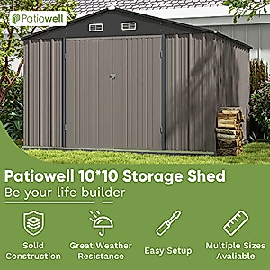 Patiowell 10 x 10 FT Outdoor Storage Shed, Steel Yard Shed with Design of Lockable Doors, Utility and Tool Storage for Garden, Backyard, Patio, Outside use,Brown