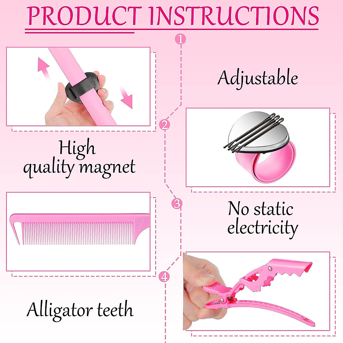 Nuenen Hair Braiding Tools 7 Pieces Set Including Magnetic Pin Wristband, Stainless Steel Rat Tail Combs, and Wide Teeth Alligator Sectioning Hair Clips (Pink)