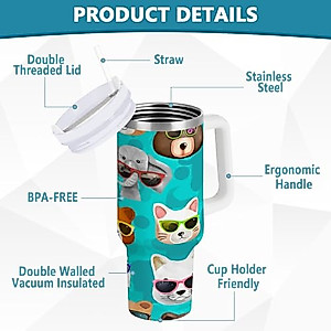 RPLIFE Cute Animals Heads Blue Stainless Steel Tumbler, Insulated Coffee Mug with Lid, Tumblers for Women