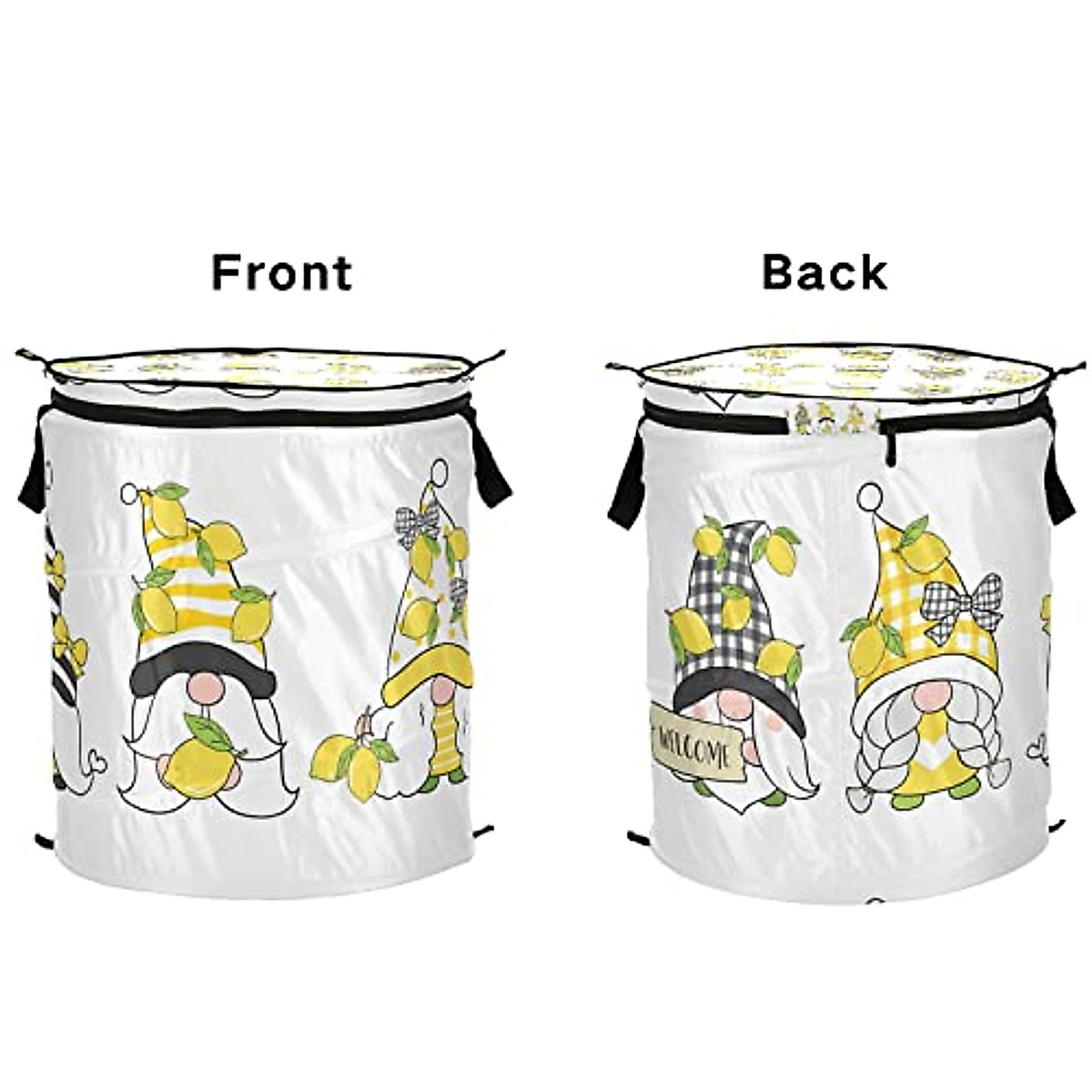 Oyihfvs Seamless Pattern with Yellow Gnomes, Yellow Lemons on White Folding Pop Up Laundry Hamper, Portable Basket with Handles Zipper Storage Organizer for Bedroom Bathroom College Dorm Travel