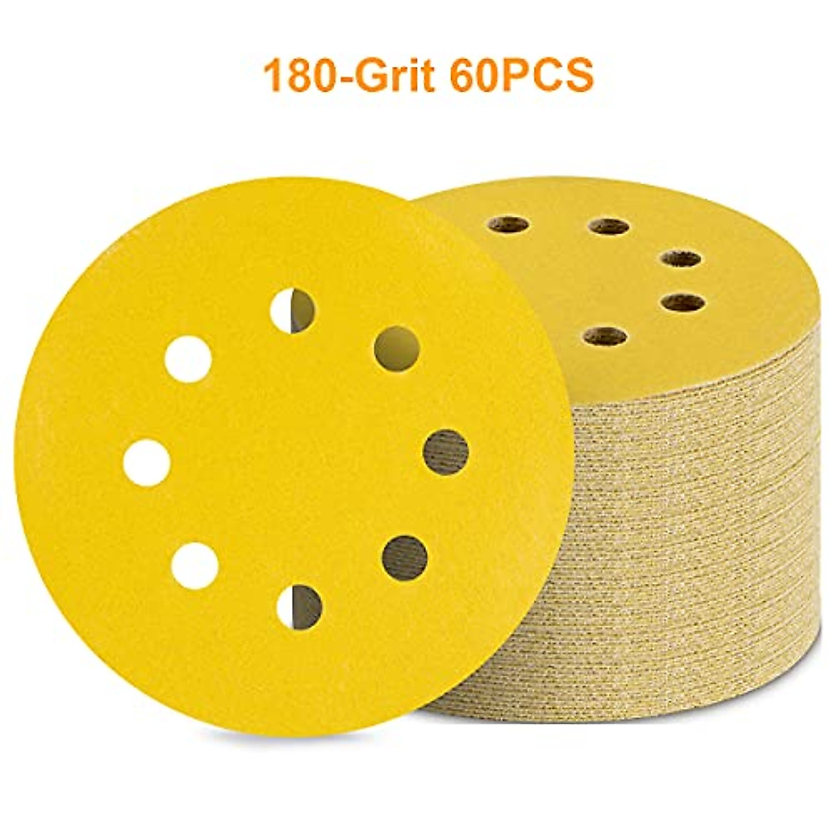 60 Pcs 5 Inch Sanding Discs, 8 Hole 180 Grit Hook and Loop Gold Sanding Discs, 5“ Round Sandpaper for Random Orbital Sander