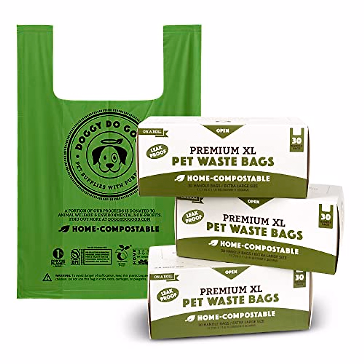 Doggy Do Good Poop Bags | Dog Waste Bags with Handles | Unscented, 38% Vegetable-Based, Thick & Leak Proof, Easy Open | X-Large Size | 90 Count