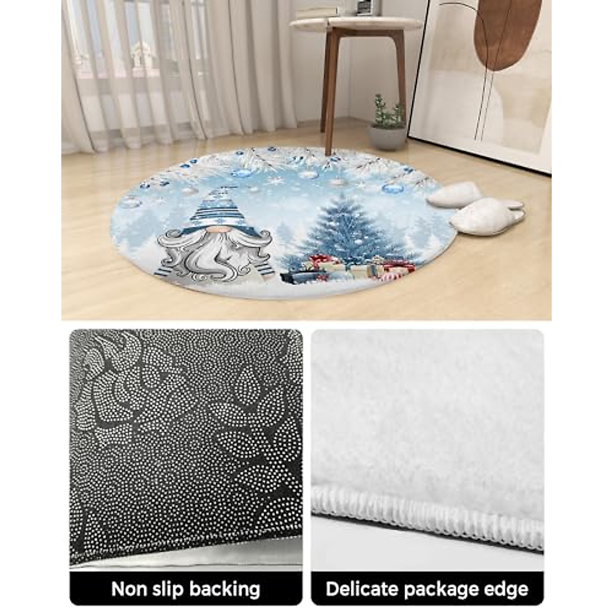 Christmas Fluffy Round Area Rug Carpets 5ft, Plush Shaggy Carpet Soft Circular Rugs, Non-Slip Fuzzy Accent Floor Mat for Living Room Bedroom Nursery Home Decor Winter Gnomes Xmas Silver Tree Pine Blue