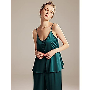 AW BRIDAL Pajama Sets for Women Satin Ruffle Camisole Top with Long Pants Silk Bride Pajamas for Wedding Engagement Party, Hunter Green M