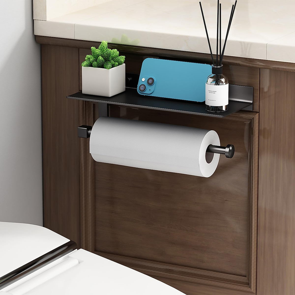 Danpoo Black Paper Towel Holder Wall Mount for Kitchen, Bathroom Paper Towel Holder with Shelf, Aluminum(Matte Black)