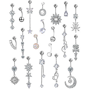 Junkin 20 PCS 14G 316L Stainless Steel Dangle Belly Button Rings Silver Rhinestone Belly Button Jewelry Navel Piercing Belly Jewelry for Women