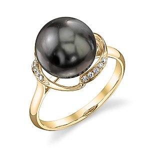 The Pearl Source 14K Gold 10-11mm Round Genuine Black Tahitian South Sea Cultured Pearl & Diamond Ruby Ring for Women