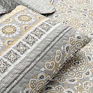 Lush Decor Nesco Stripe Reversible Cotton 3 Piece Quilt Set, King, Yellow & Gray