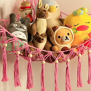 Stuffed Animal Storage Hammock Corner with LED Light - Toy Hanging Organizer Plushie Net - Pink Room Decor for Teen Girls - Cute Bedroom Aesthetic Nursery Kids Baby Toddler