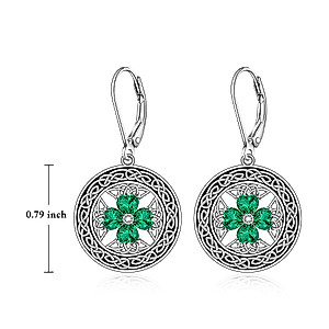 St Patricks Day Shamrock Earrings for Women Sterling Silver Green Celtic Knot Four Leaf Clover Irish Dangle Drop Earrings Crystal Vintage Black Circle Leverback Valentines Day Gift