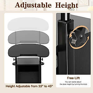 bimiti Mobile Lectern Podium Stand Height Adjustable Sit-to-Stand Desk with Tilting Desktop & Storage Cabinet Rolling Lectern Cart Laptop Desk on Wheels, Podium Stand for Classroom Church Home Office