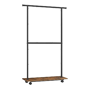 SONGMICS Clothes Rack with Wheels, Middle Rod Clothing Rack for Hanging Clothes, 38.8 Inches Garment Rack with Shelf, Height Adjustable, Loads up to 121 lb, Rustic Brown and Ink Black UHSR153B01
