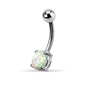 FIFTH CUE 14G Opal Glitter Prong Set 316L Surgical Steel Belly Button Rings (Whitish)