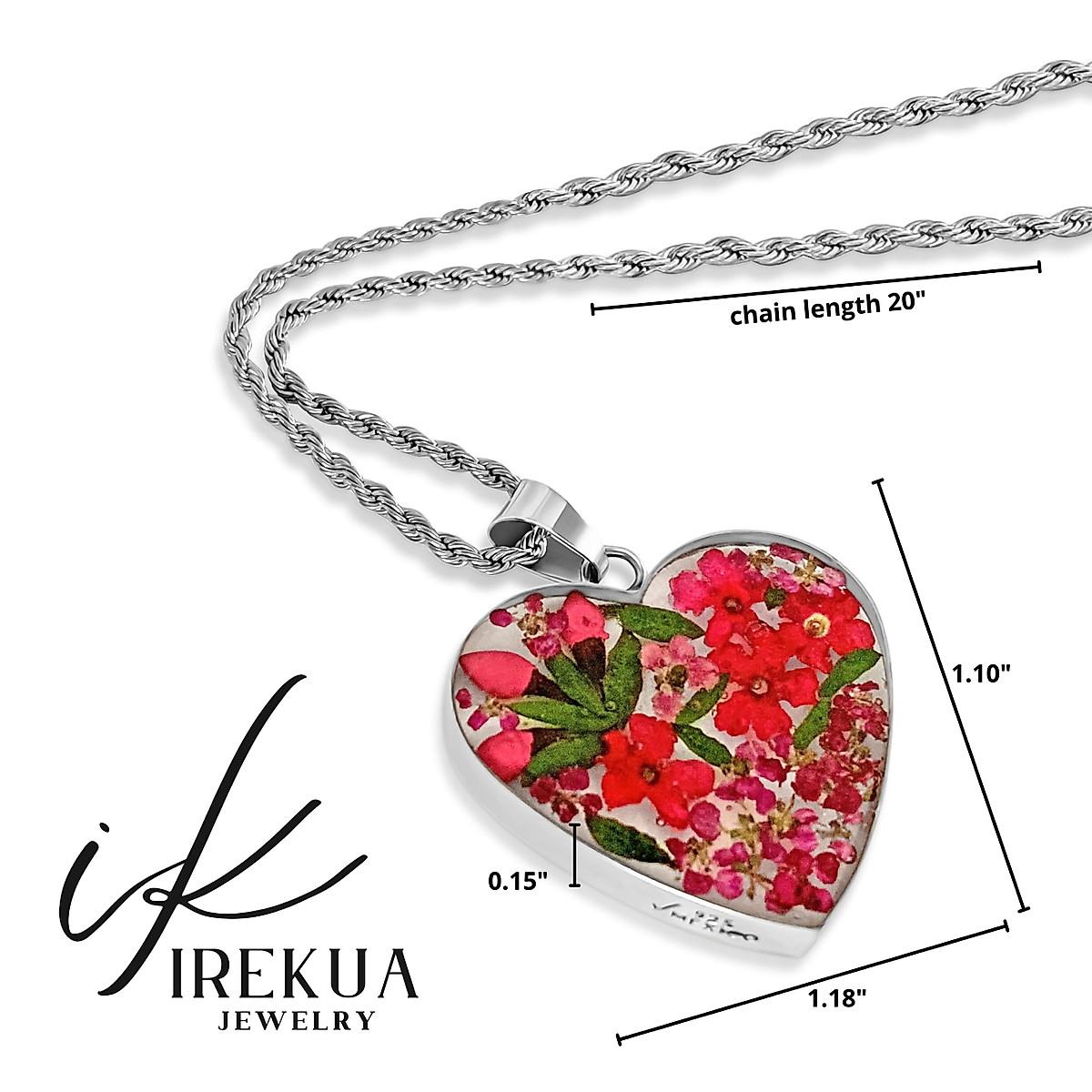 IREKUA Love Heart Necklace for Women 925 Sterling Silver Pressed Flowers Pendant with 20" Stainless Steel Chain Jewelry for Anniversary Birthday Valentines Christmas Gifts for Woman Mother Wife Mom Girlfriend Girl Lady Her with Gift Box