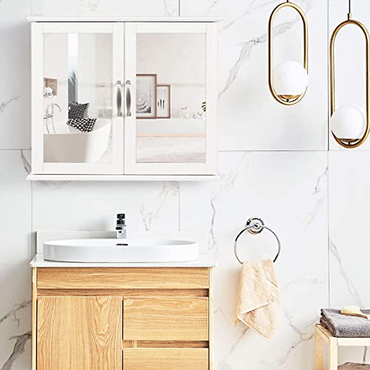 LUARANE Bathroom Medicine Cabinet, Wall Mounted Cabinet with Double Mirror Doors, Storage Organizer Cabinet with 2 Storage Shelves, Mirror Cabinet for Bathroom Entryway Living Room, White