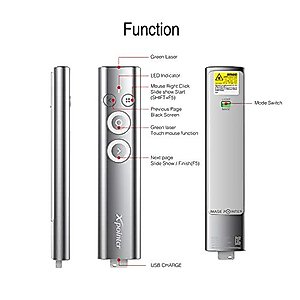 X POINTER Image Pointer with Air Mouse Control - SoftwareBased Multifunction Presentation Clicker Remote with GreenLaser, Wireless Rechargeable Pointer for Windows and Mac