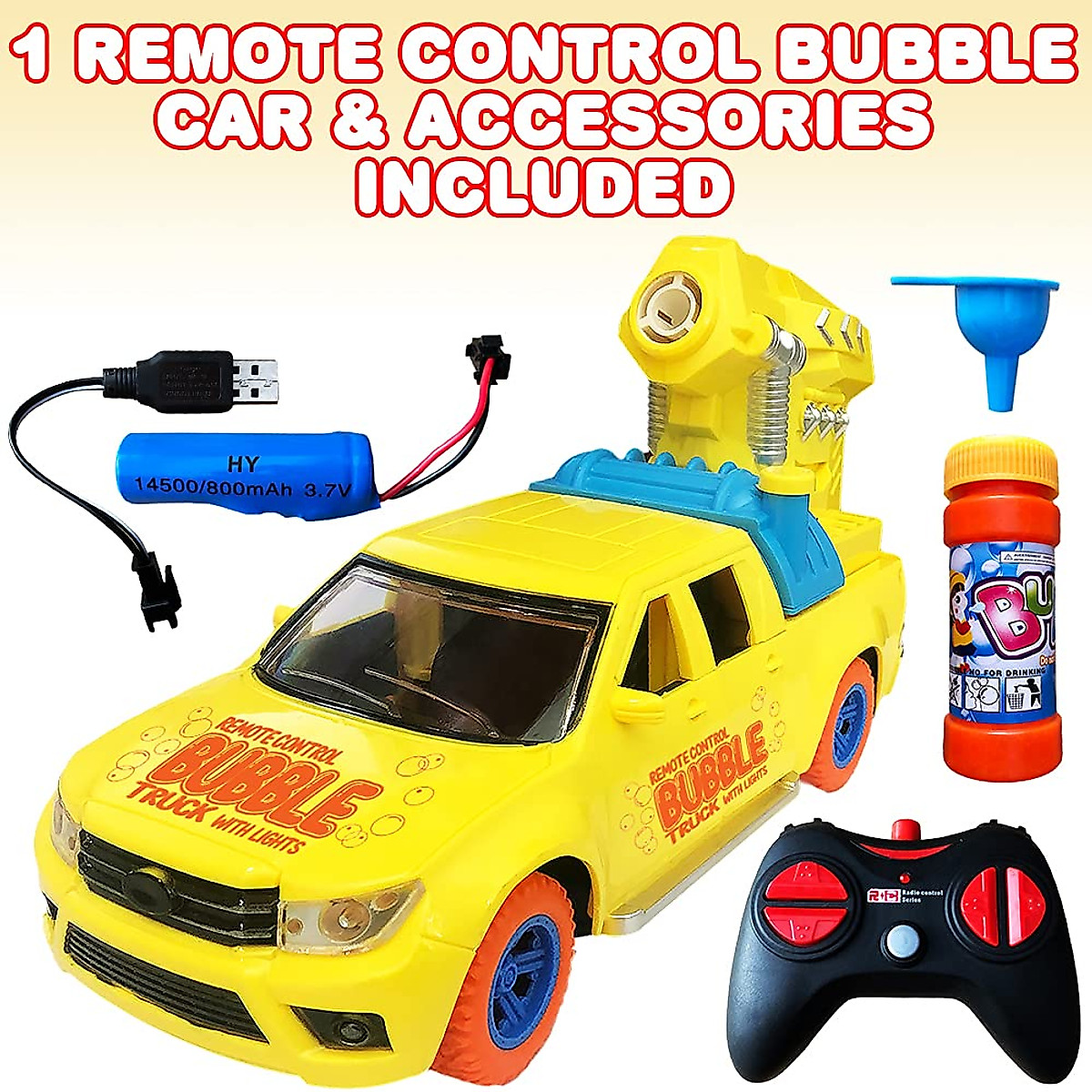 ArtCreativity Remote Control Bubble Pickup Truck with Lights, Includes Rechargeable Bubble Blowing Car, Controller, Bubble Solution, Mini Funnel & Charging Cable, Indoor & Outdoor Bubble Toy for Kids