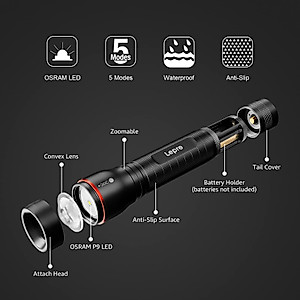 Lepro LED Tactical Flashlight, LE3000 High Lumen Streamlight Torch, 5 Lighting Modes, Zoomable, Water Resistant, Adopted by Osram P9 LED, Powered by AA Battery, for Camping, Running, Emergency