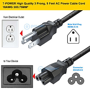 T POWER 5FT Long 3 Prong TV Power Cord for LG LED LCD Smart 1080p HDTV 32LB5600 42LN5400 42LB5600 42LN5700 42LN5300 47LB5800 50LB5900 55LB5900 Heavy Duty AC Wall Plug Cable