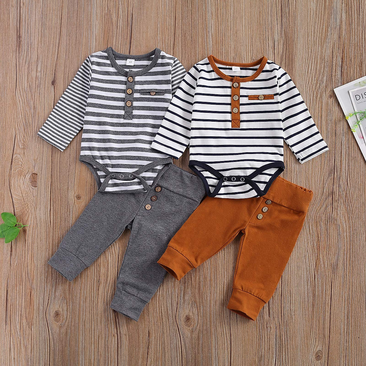 2Pcs/Set Newborn Baby Boys Outfit Long Sleeve Striped Bodysuit Romper Solid Pants Fall Winter Clothes (Khaki, 0-3 Months)