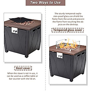 ESSENTIAL LOUNGER 28” Propane Gas Fire Pit Table, 50,000BTU Auto-Ignition Propane Gas Fire Table, with Tempered Glass Cover and Black Steel Lid