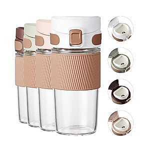 TKK Glass Travel Coffee Mug with Lid 15 OZ Leak Proof Reusable Coffee Cup with Silicone Sleeve - BPA Free, White-NEW