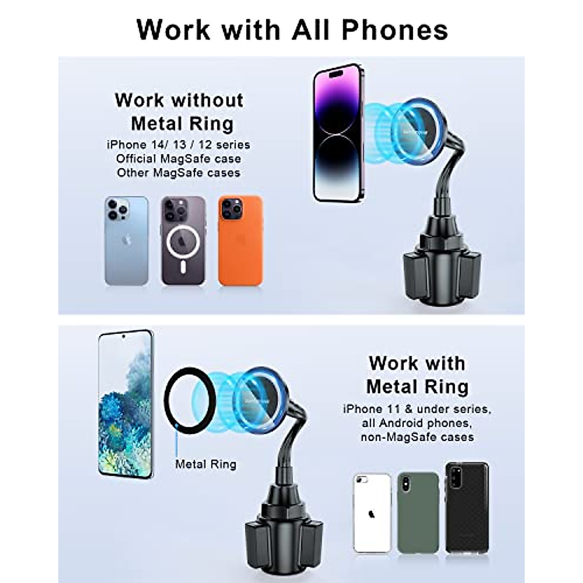 SUPERONE for MagSafe Car Cup Holder Phone Mount, [20 Strongest Magnets] Adjustable Gooseneck Cup Phone Holder for Car Compatible with iPhone 14 13 12 Series MagSafe Case & All Phone 【Tesla Compatible】