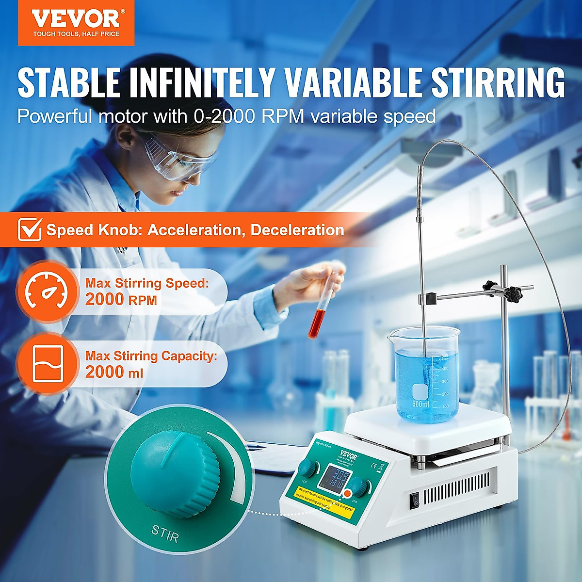 VEVOR Magnetic Stirrer Hot Plate, 5L Capacity Ceramic Coated Hotplate Lab Stirrer 200-2000RPM 608°F/320°C Max Temp Digital Magnetic Stirrer with Temp Probe Sensor and Stirring Bar
