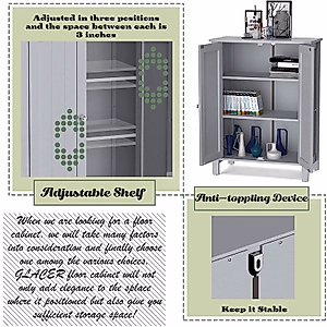 LUARANE Wooden Bathroom Floor Storage Cabinet, Side Storage Organizer Cabinet with Double Doors and Adjustable Shelves, Free Standing Sideboard for Entryway Bathroom Kitchen (Grey)