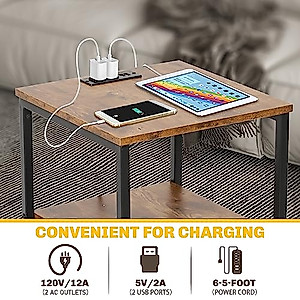 GORZING Nightstand with Charging Station, Small End Table, Narrow Side Table with Drawer, Rustic Bedside Tables for Bedroom, Living Room, Brown