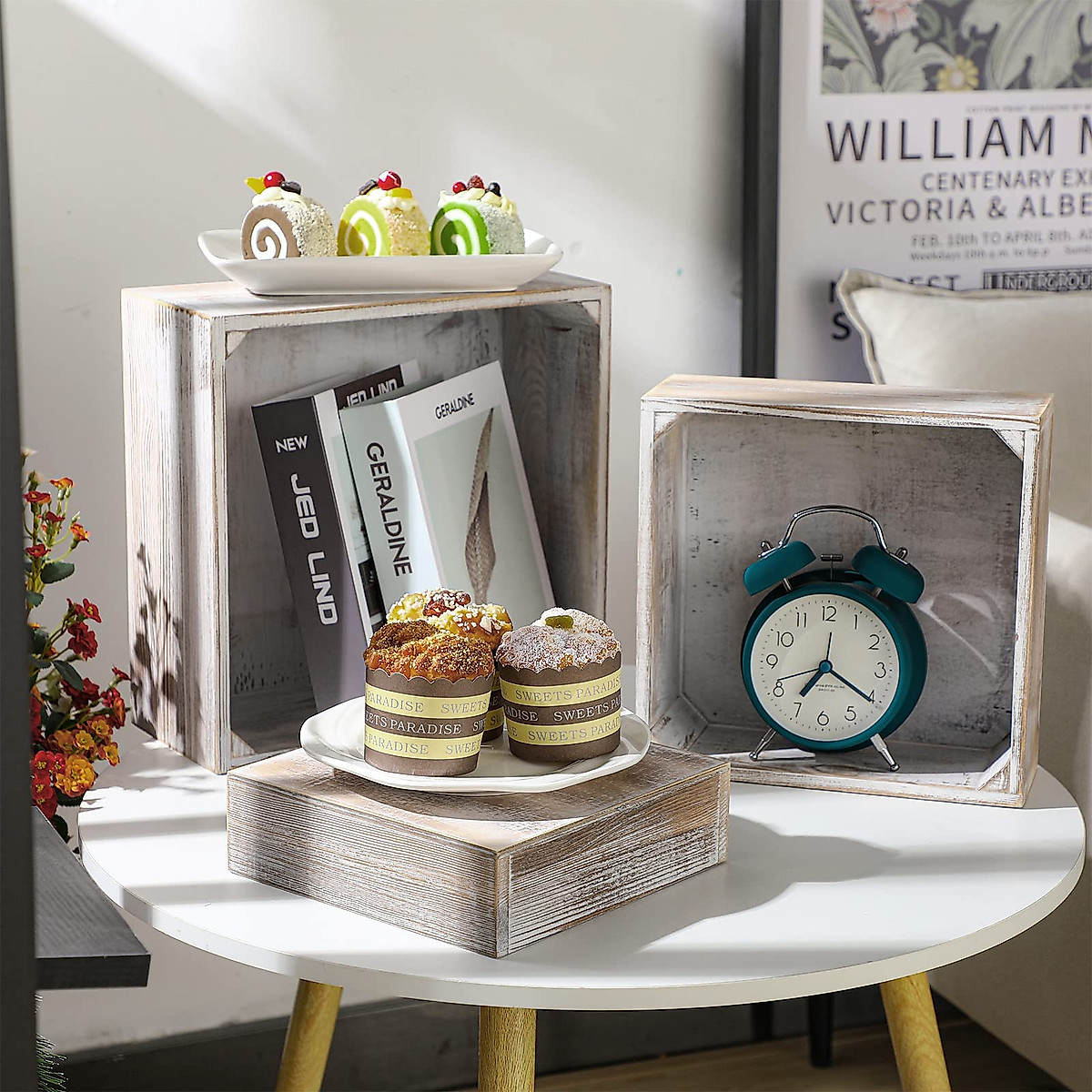 3 Pcs Whitewashed Wood Square Display Stand Crate Style Cake Stand Risers for Cupcake Appetizer Dessert Rustic Cupcake Stand Stackable Display Box Riser Stands