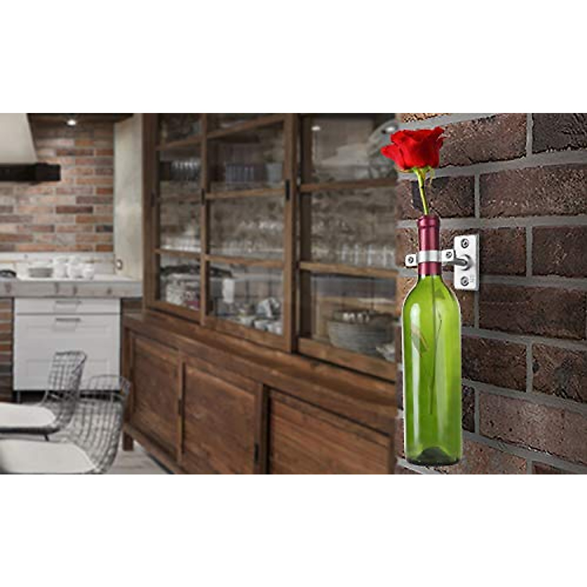 Lily's Home Bar Wall Mount Single Wine Bottle Display Holder, Industrial Design with Mounting Hardware, Works with Wine or Liquor Bottles, Silver Finish (4-1/2” x 1-3/8” x 2-3/4”)