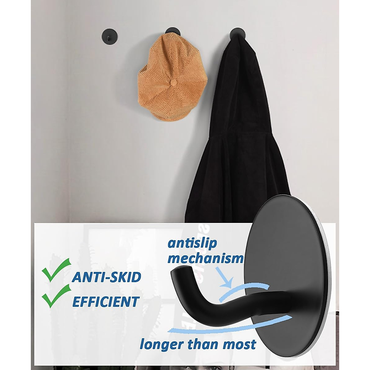 Heavy Duty Self Adhesive wall towel hooks Waterproof stick on bathroom kitchen door wall mount stainless steel matte black for hanging clothes robe coat, metal no drill rustproof oilproof 6 pack