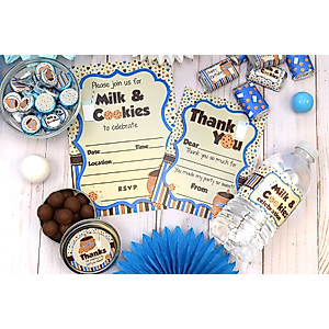 Milk and Cookies Boy Birthday Party Bundle Includes 20 each of Invitations & Thank You Cards with Envelopes + 2 Different Sizes of Stickers, Mini Candy Bar Wrappers, & Water Bottle Labels!