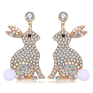 NVENF Easter Earrings Rhinestone Rabbit Bunny Dangle Earrings for Women Statement Spring Themed Drop Earrings Holiday Jewelry Gifts (Silver)