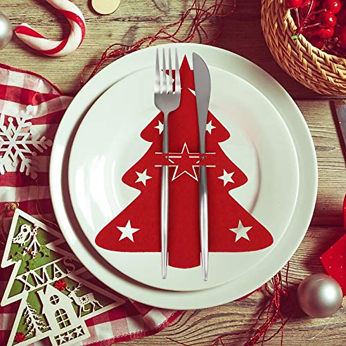 Vanproo 8Pcs Christmas Tree Silverware Holders, Xmas Tree Tableware Holders Exquisite Cutlery Knife and Fork Cover Table Decor, Christmas Cutlery Holder Organizer Knifes Forks Holders