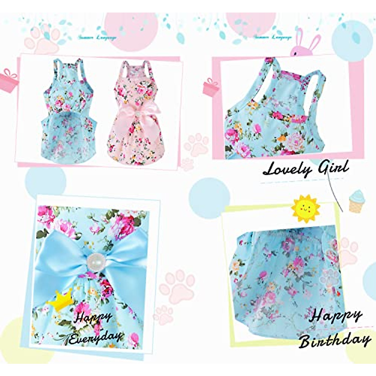 MSNFOASM 4pcs-New Spring Summer Puppy Dog Dress,Cute Colored Sun Flower Dog Bow Skirt for Small Girl Dogs(Floral,M)
