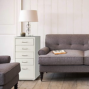 Vilobos 5 Drawer Chest, Vertical Storage File Cabinet on Wheels for Home Office Metal (Creamy-White)