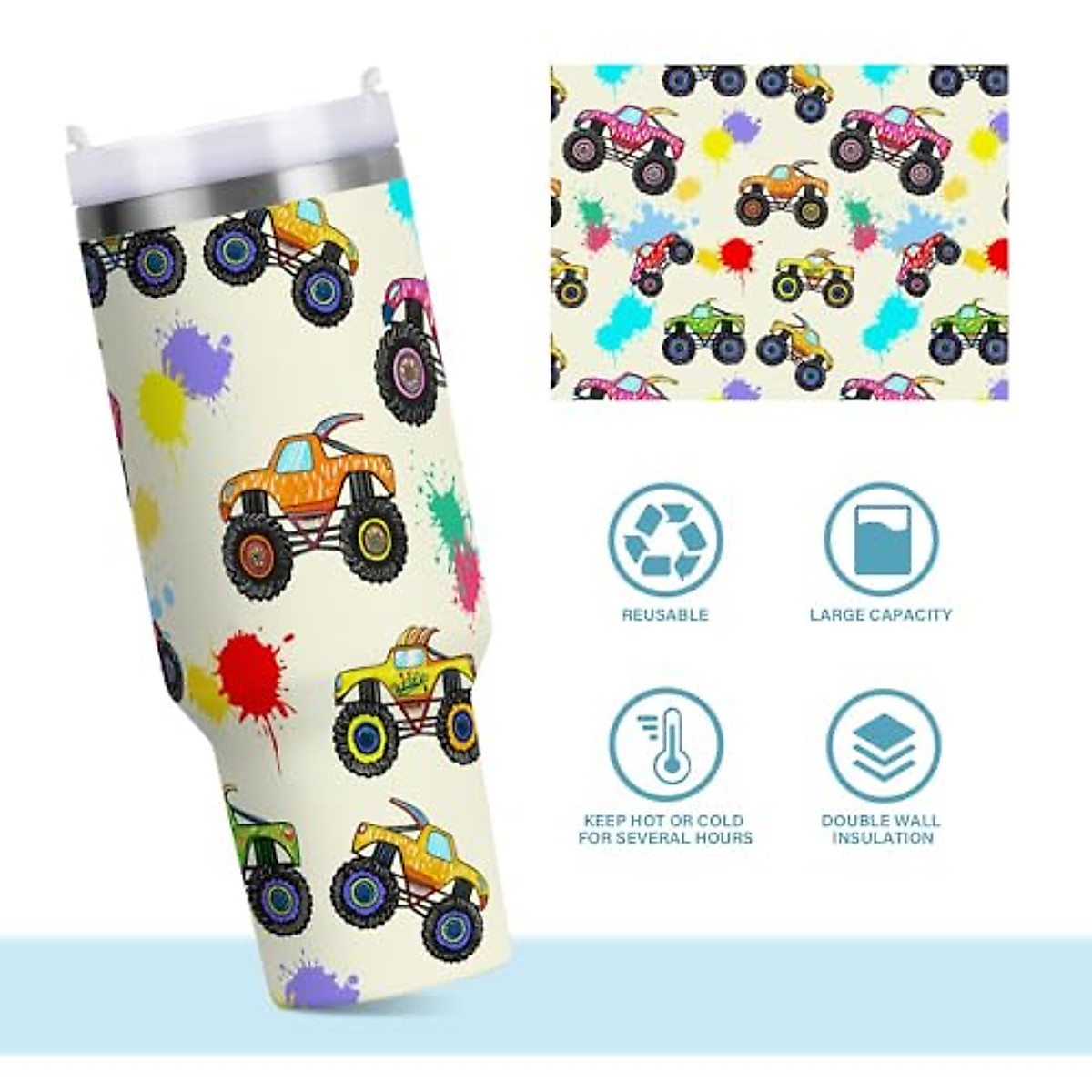 ODAWA 40oz Travel Coffee Tumbler with Straw and Handle, Colorful Monster Trucks Double Wall Insulated Tumbler