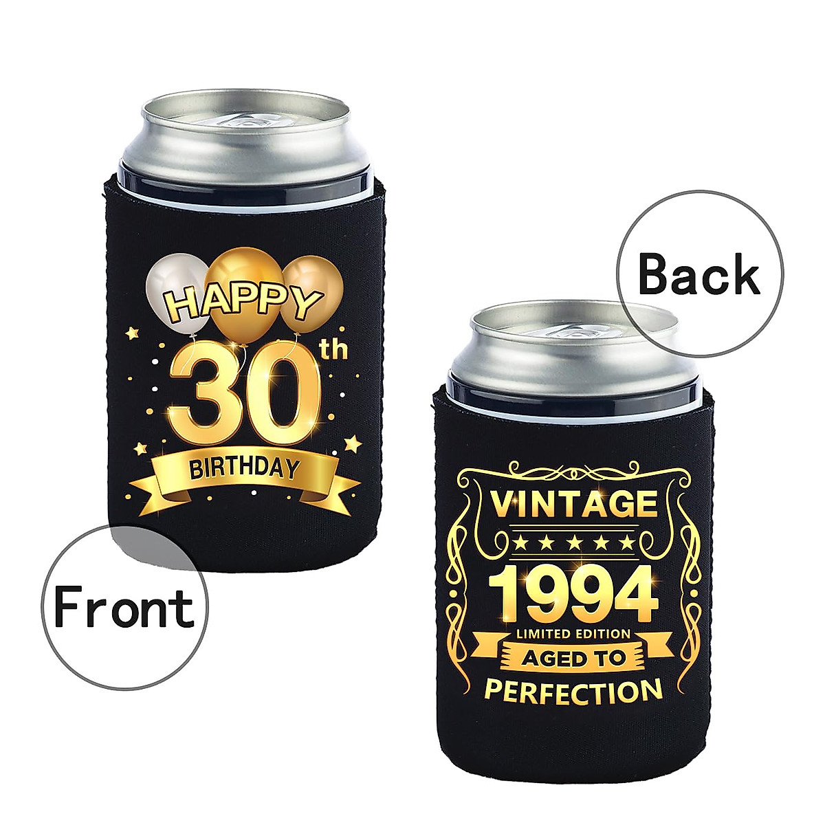Greatingreat 30th Birthday Can Cooler Sleeves Pack of 12-30th Anniversary Decorations- Vintage 1994-30th Birthday Party Supplies - Black and Gold Thirtieth Birthday Cup Coolers