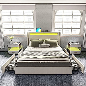 AMERLIFE Queen Bed Frame with RGBW LED Lights Headboard & 4 Storage Drawers, Upholstered Smart Platform Bed with USB & USB-C Ports, Box Spring Optional, Cream