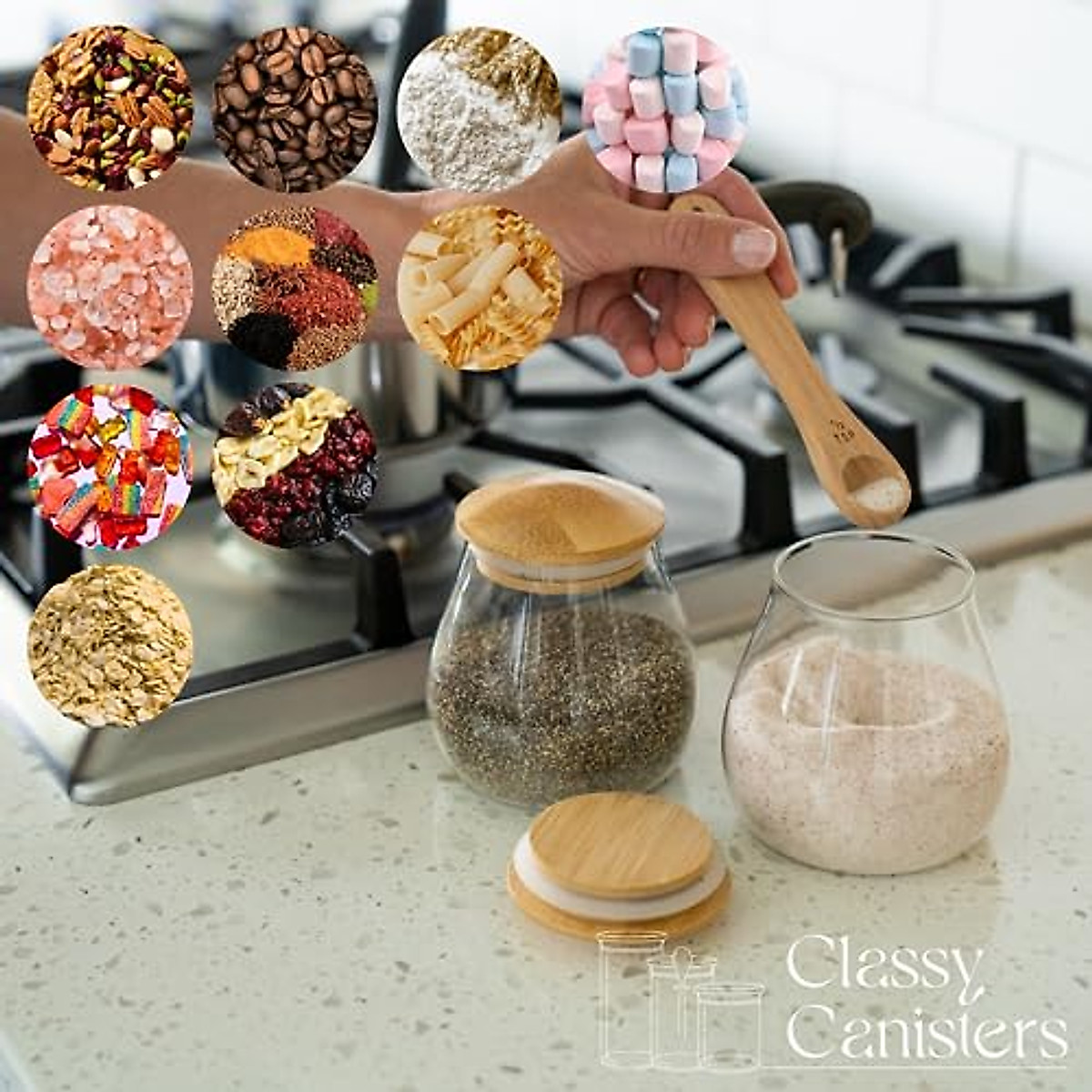 Set of 3 Small Glass Jars With Bamboo Lids - Modern Bamboo Glass Storage Containers for Coffee, Sugar, Candy, Rice, Pasta & More - Decorative 13 Ounce Borosilicate Glass Canisters With Airtight Lids