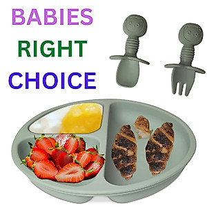 Mutualproducts 10 Pcs Baby Utensils – Silicone Baby Spoons and Forks for Self Feeding – Suction Plate - Anti-Choke Baby Feeding Supplies – Baby Led Weaning Set with Bibs – Great Gift Set (Green)