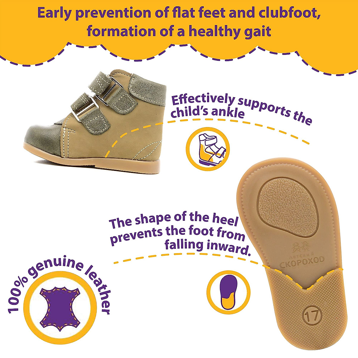 Skorohod Orthopedic Boots 15-141-2 First Step for Boys and Girls Genuine Leather - High Sole - 2 Fasteners (2 Infant, Blue)